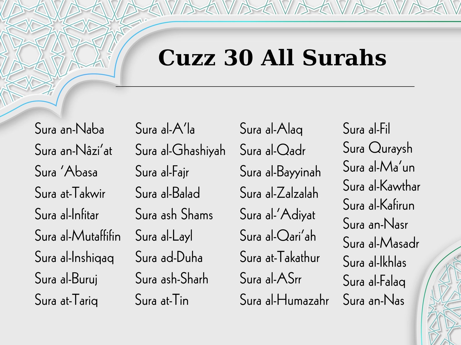 Printable Qur'an Tracing Juzz 30 All Surahs, Trace Qur'an by Writing ...