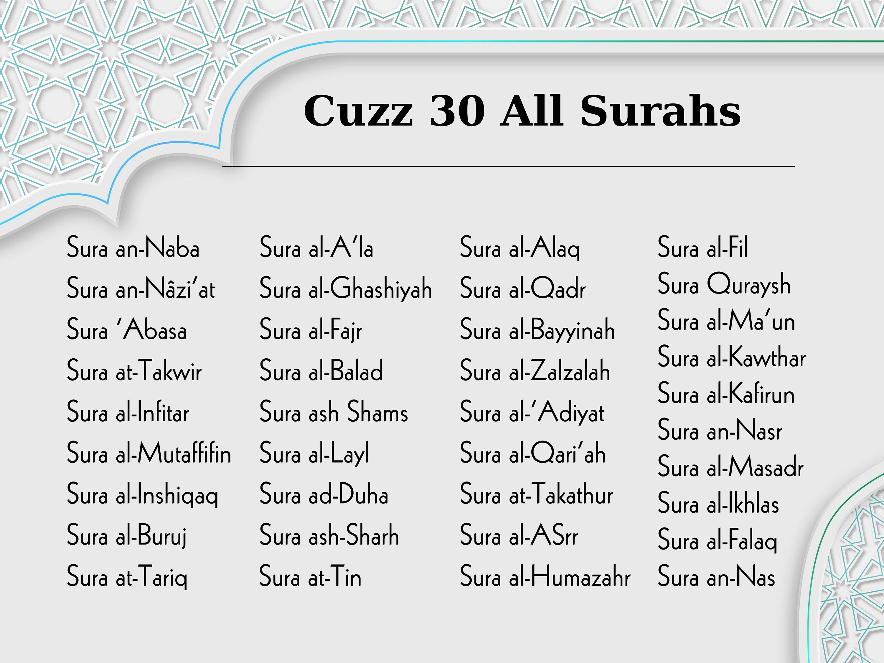 Printable Qur'an Tracing Juzz 30 All Surahs, Trace Qur'an by Writing With Easy Prints, Juz 30 ...