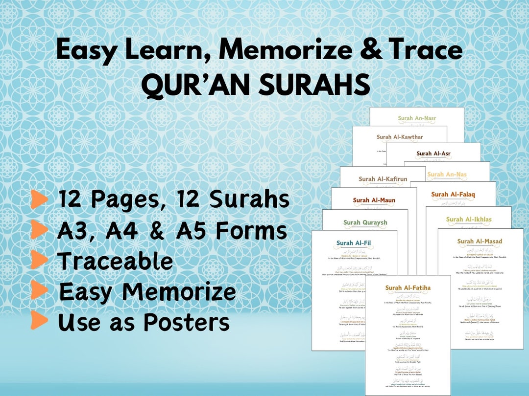 Easy Learn Memorize and Trace Quran / / Printable Quran Surahs Qur'an ...