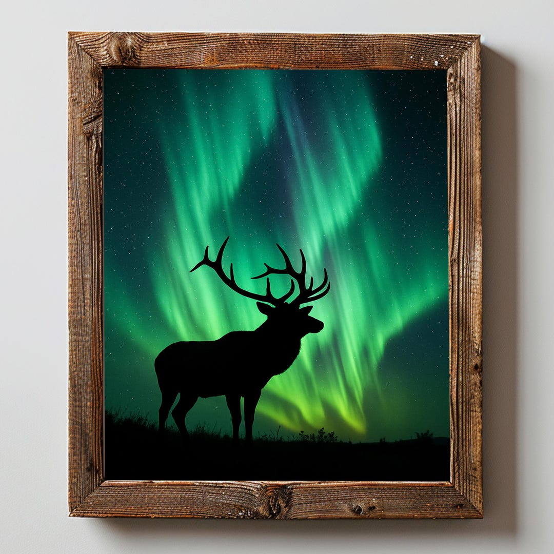 Northern Lights Deer Elk Silhouette Rustic Wall Art Digital Download ...