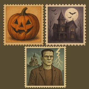 Retro Halloween Postage Stamp Clipart Bundle – 15 Vintage Designs Png ...