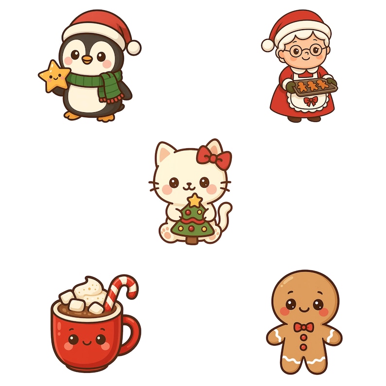Kawaii Christmas Clipart Bundle – 56 PNG Cute Santa, Reindeer, Elf ...