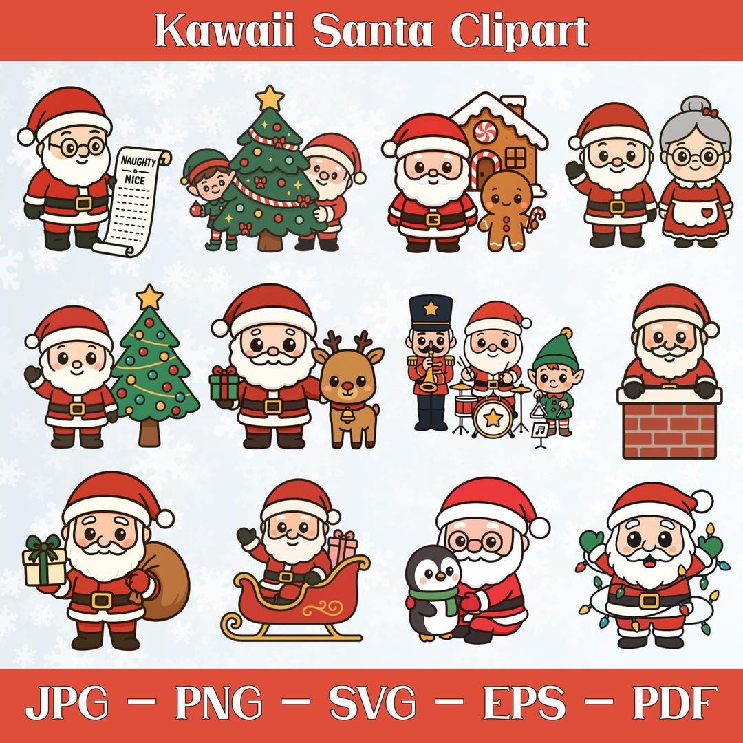 Kawaii Christmas Santa Clipart PNG SVG Bundle | Cute Christmas Clipart ...