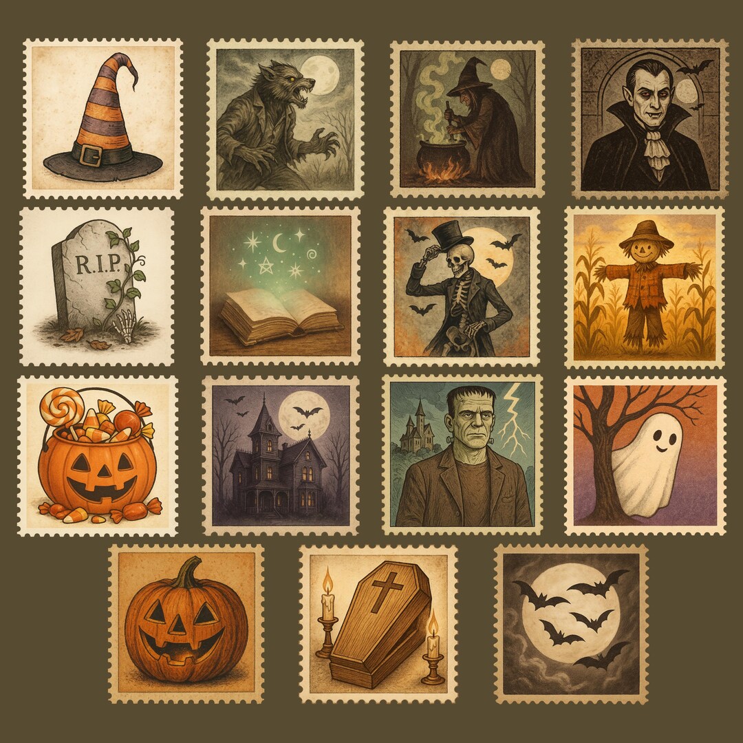 Retro Halloween Postage Stamp Clipart Bundle – 15 Vintage Designs Png ...