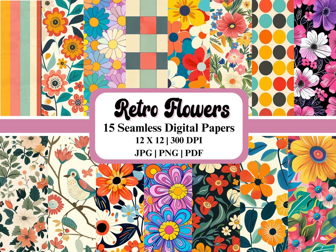 Retro Flowers, Retro Flowers Print, Retro Digital Paper, Retro Floral ...