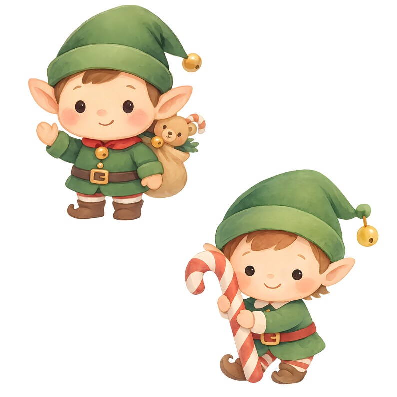 Cute Christmas Watercolor Elf Clipart Bundle – 12 Pngs, Transparent 300 ...