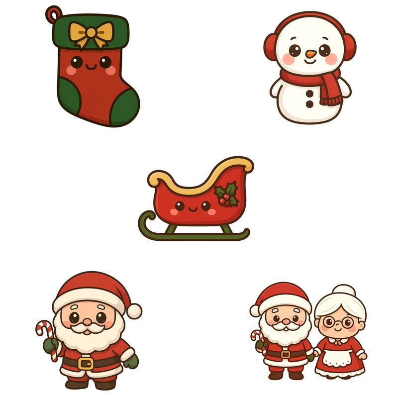 Kawaii Christmas Clipart Bundle – 56 PNG Cute Santa, Reindeer, Elf ...