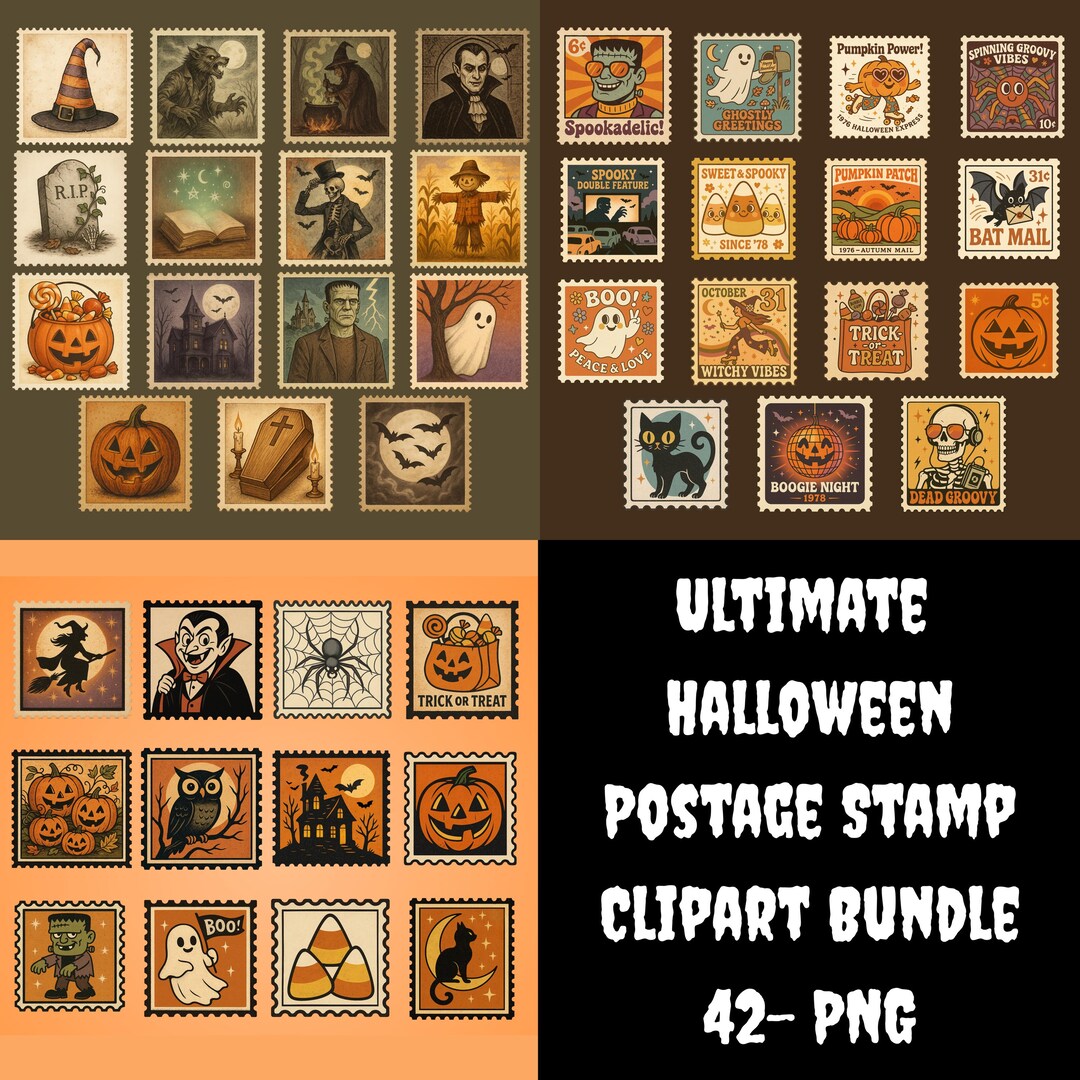 Vintage Halloween Postage Stamp Clipart PNG | Retro Spooky Stickers ...