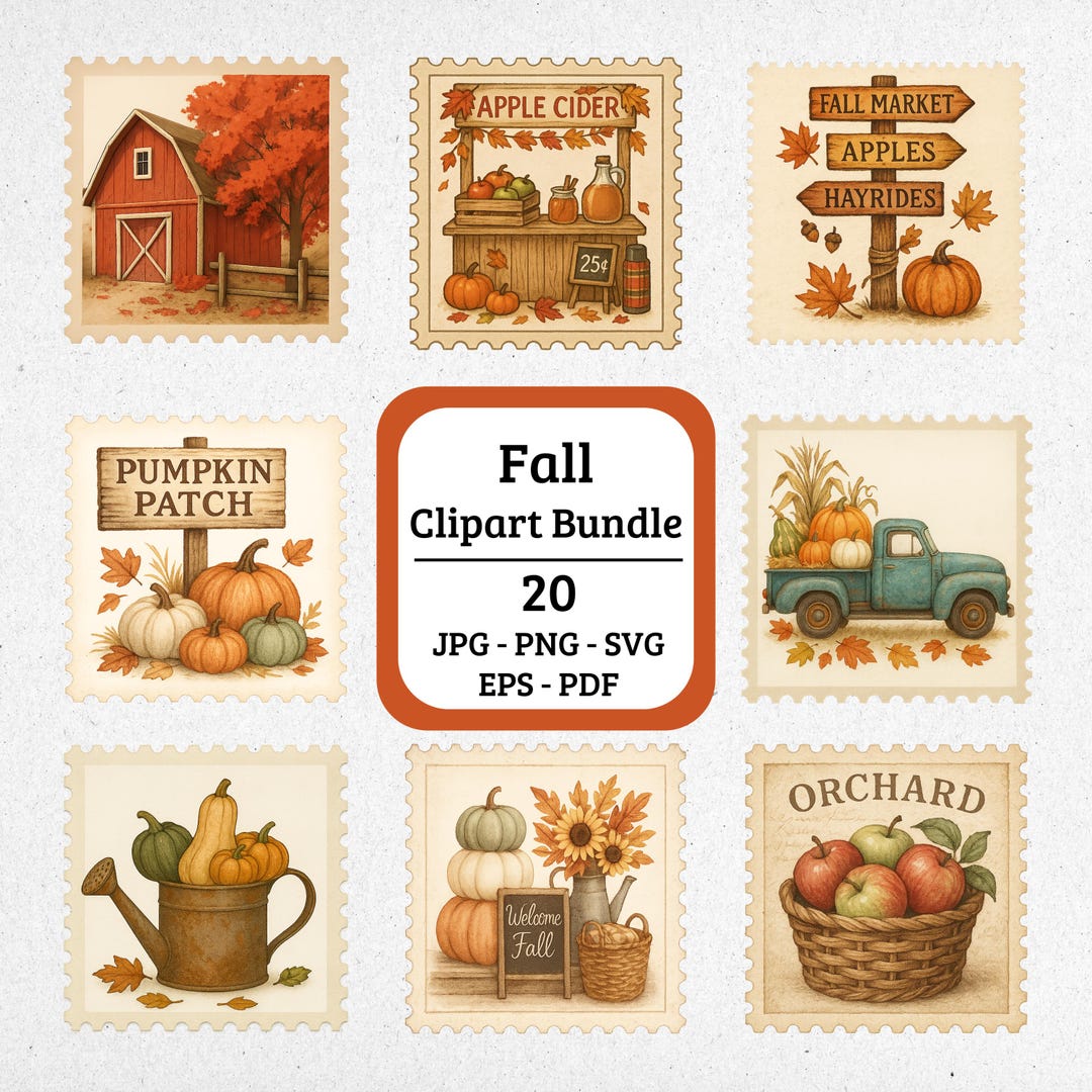 Vintage Fall Postage Stamp Clipart Bundle | Fall Clipart Bundle ...