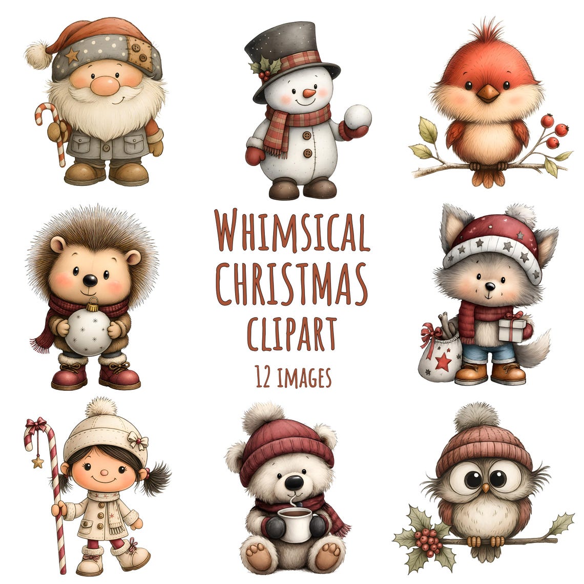 Whimsical Christmas Clipart — 12 Cute Pngs: Santa, Snowman, Fox, Owl ...