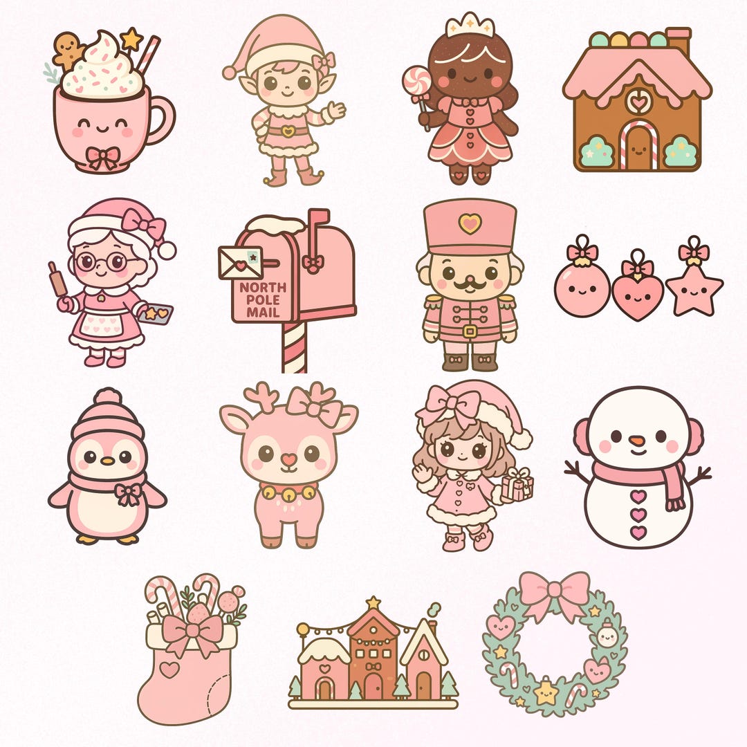 Pink Kawaii Christmas Clipart Bundle – Cute PNG Set for Stickers ...
