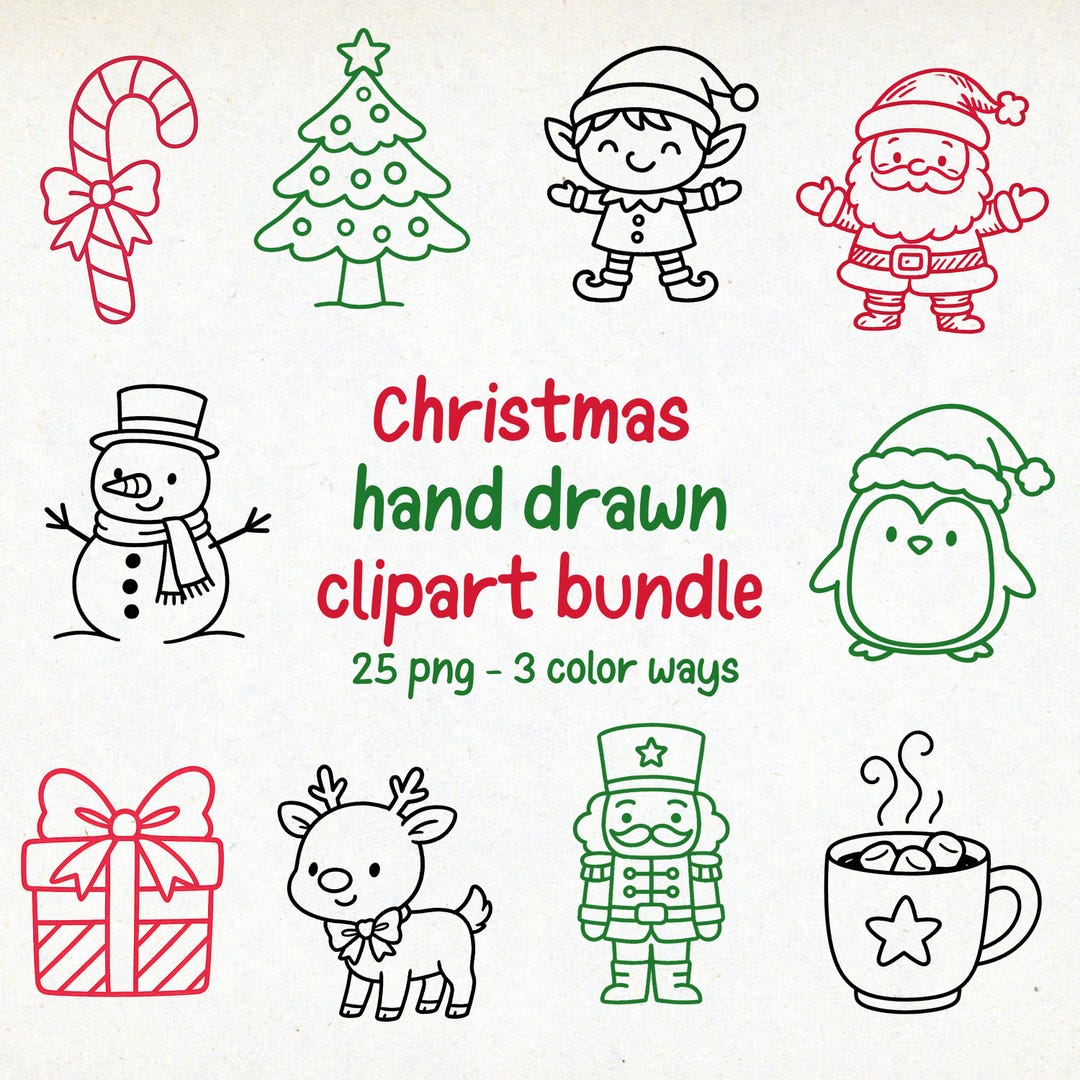 Christmas Hand-drawn Clipart Bundle, 25 Transparent Pngs in 3 Colorways ...