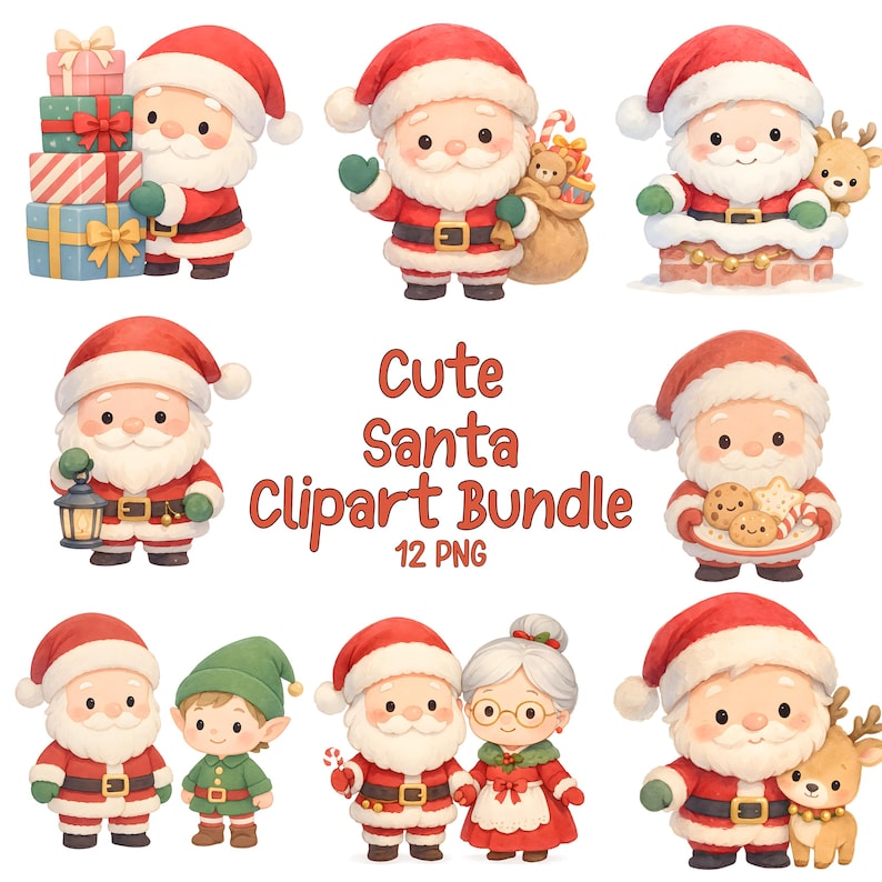 Santa Clipart Bundle – 12 Cute Watercolor Pngs, Christmas Santa With ...