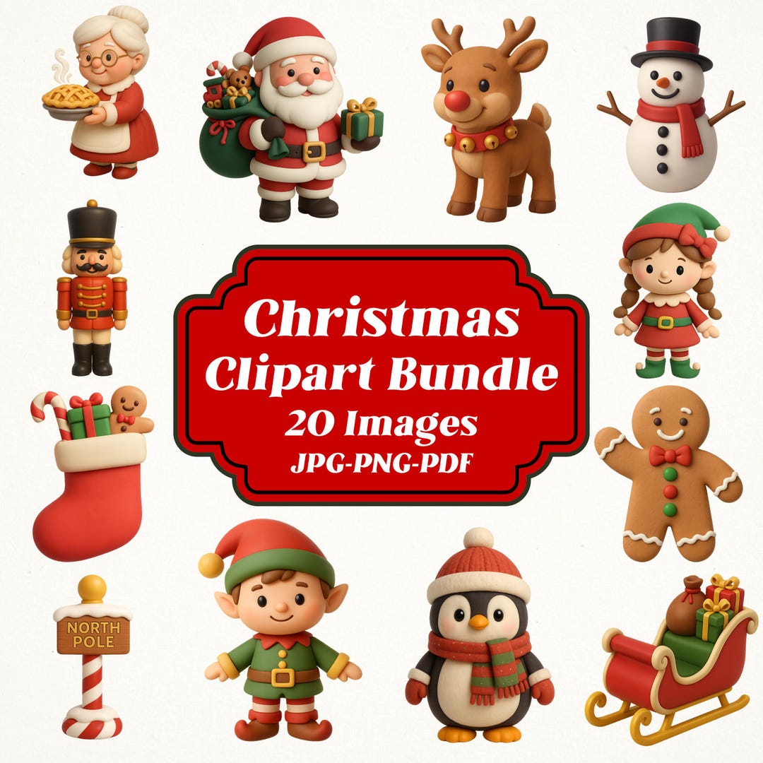 Christmas Clipart PNG Bundle, Cute 3D Clay Holiday Sublimation Graphics ...