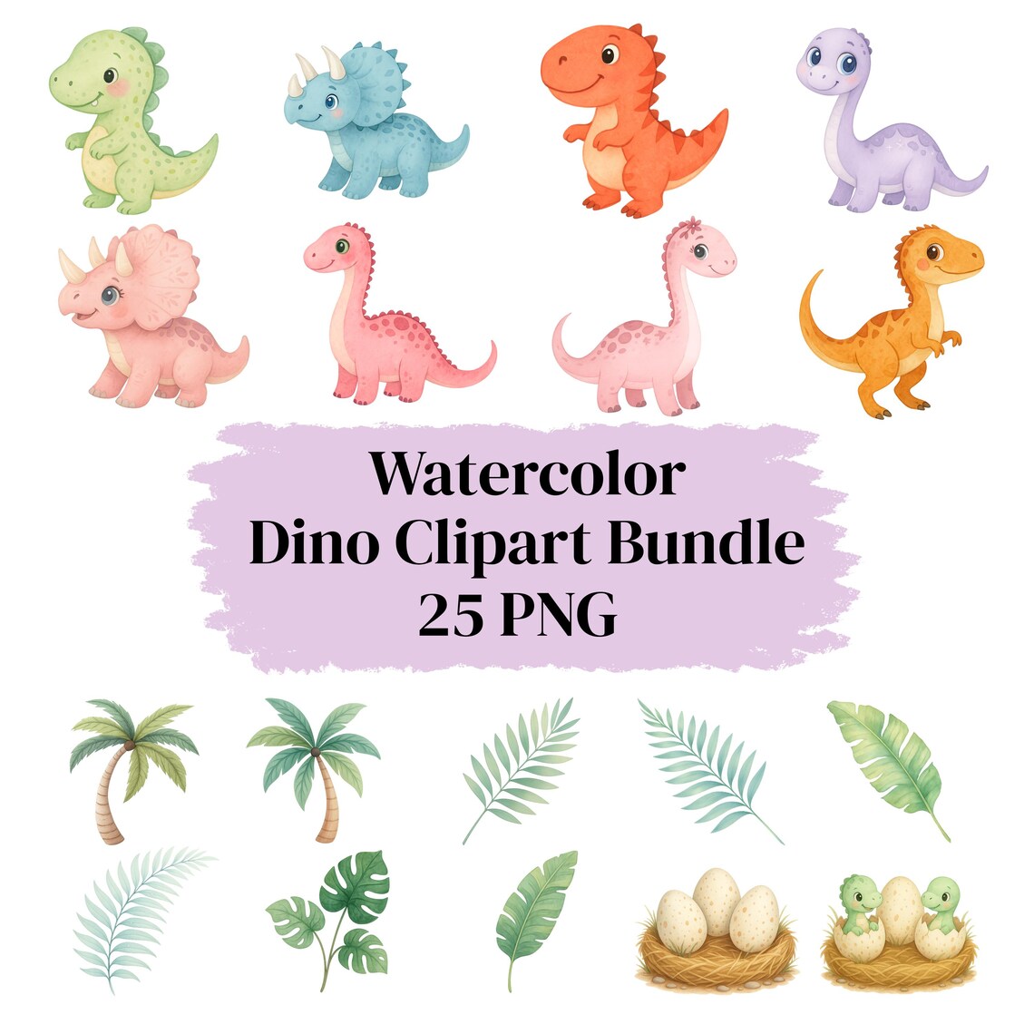 Cute Dinosaur Clipart Bundle PNG | Dinosaur Watercolor Clipart | Cute ...