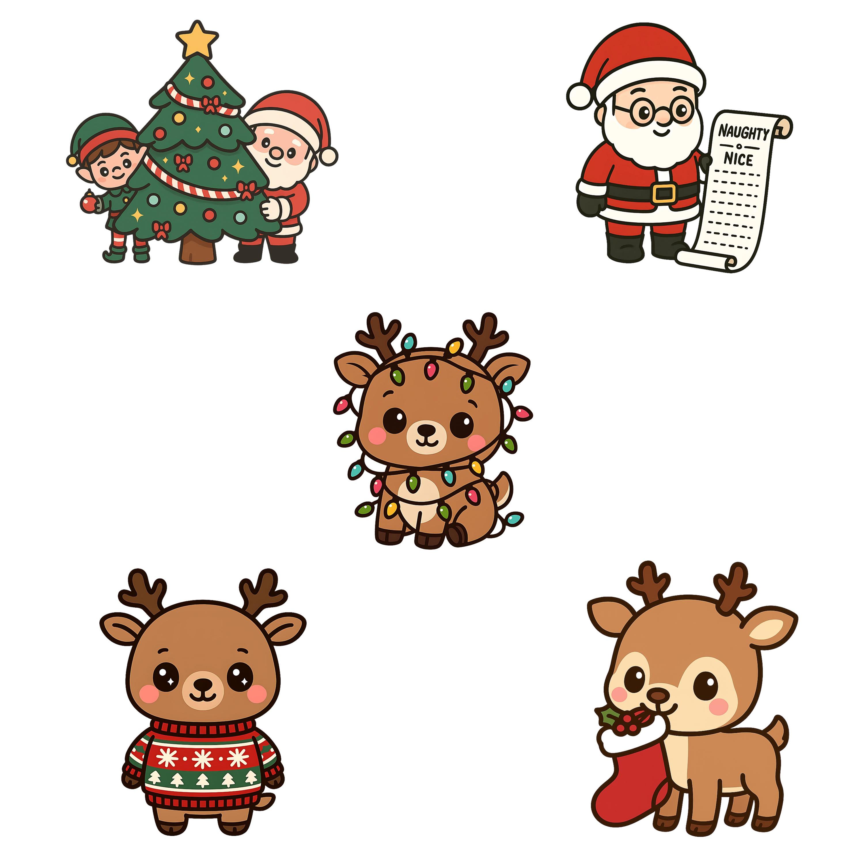 Kawaii Christmas Clipart Bundle – 56 PNG Cute Santa, Reindeer, Elf ...