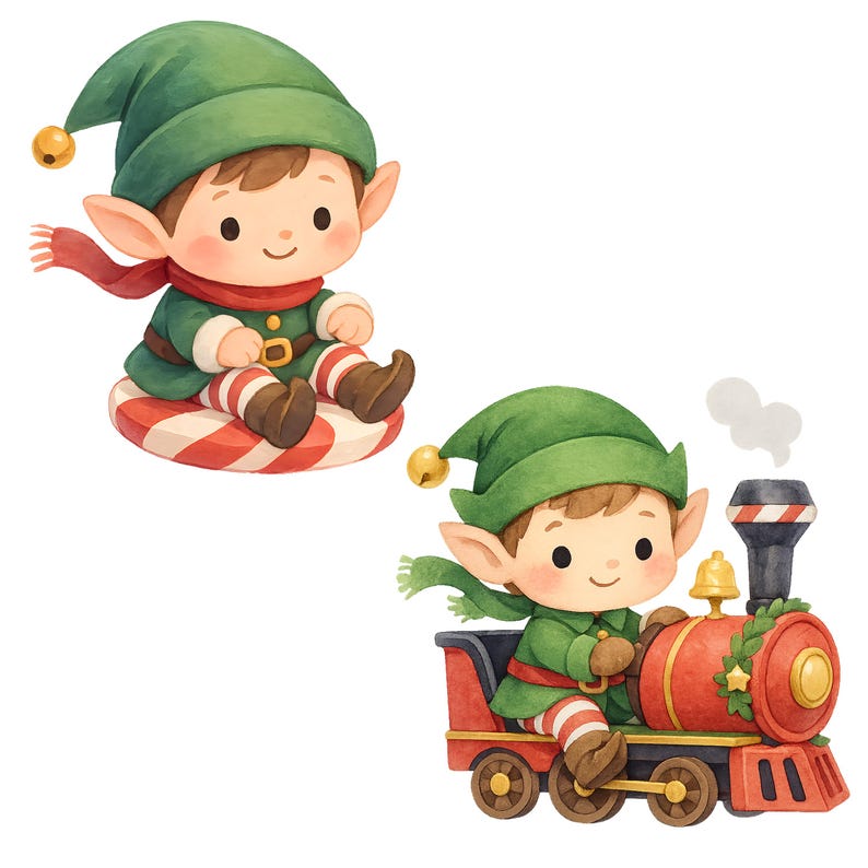 Cute Christmas Watercolor Elf Clipart Bundle – 12 Pngs, Transparent 300 ...