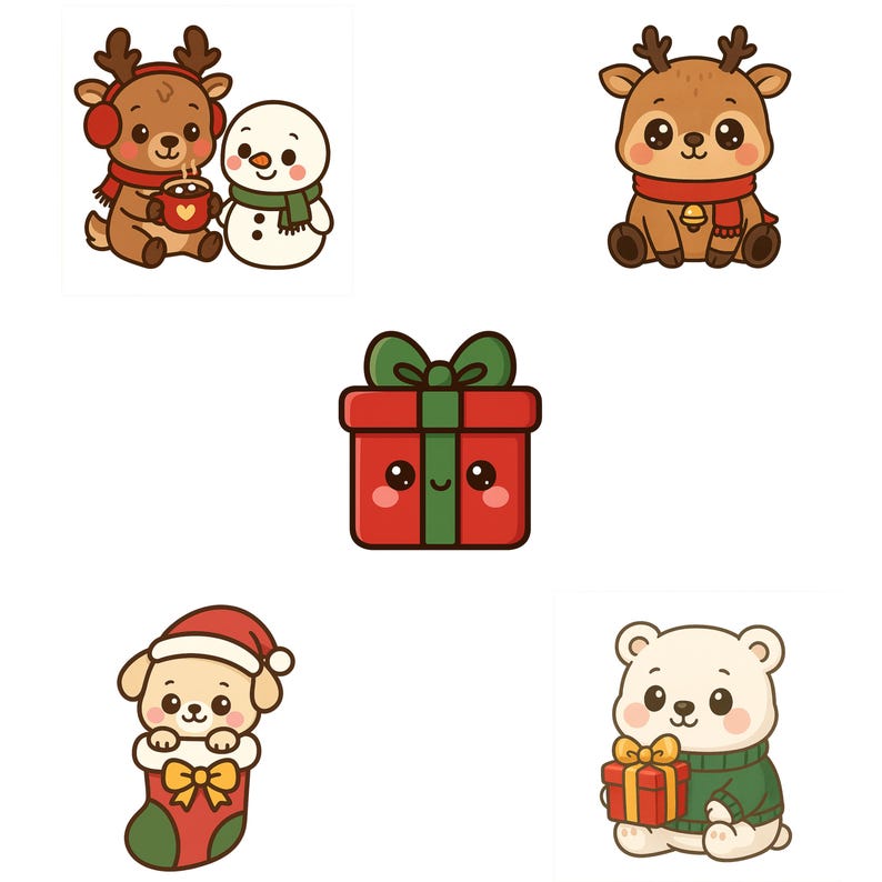 Kawaii Christmas Clipart Bundle – 56 PNG Cute Santa, Reindeer, Elf ...