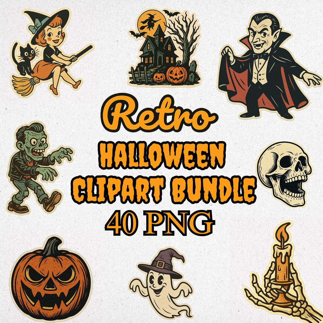 Vintage Halloween Clipart Bundle – 40 Retro PNG Stickers, 300 DPI ...