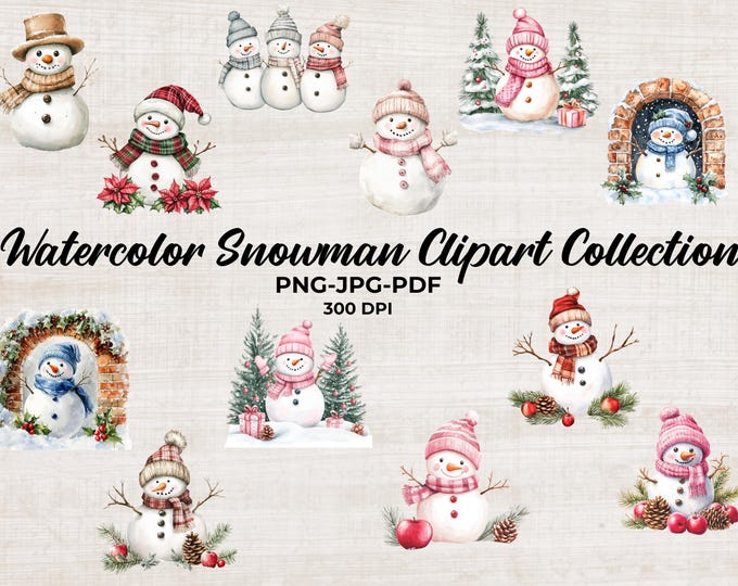 Watercolor Snowman Clipart Bundle, 20 PNG Cute Snowman Clipart ...