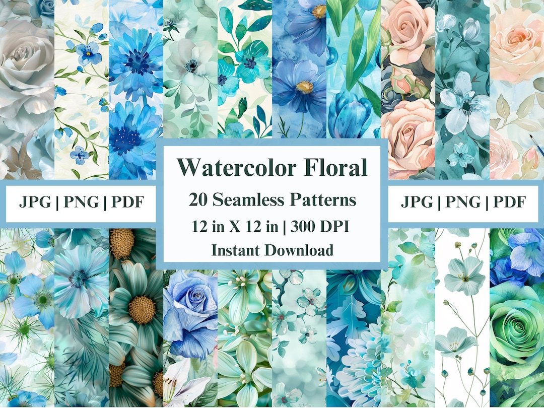 Watercolor Floral Digital Paper, Watercolor Floral Digital Print, Blue ...
