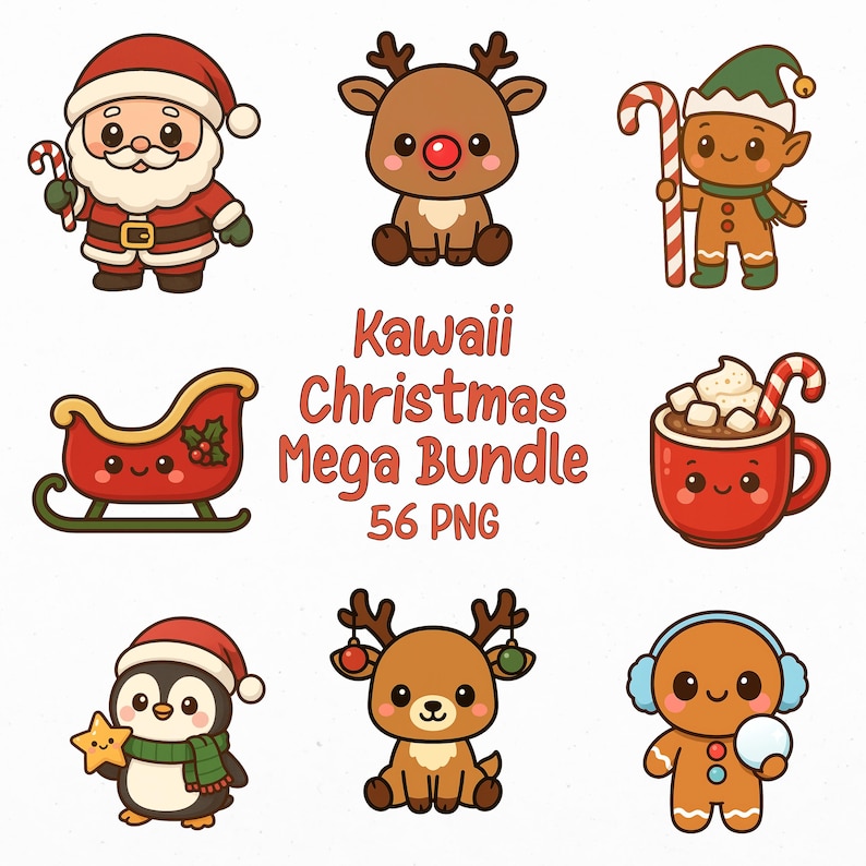 Kawaii Christmas Clipart Bundle – 56 PNG Cute Santa, Reindeer, Elf ...