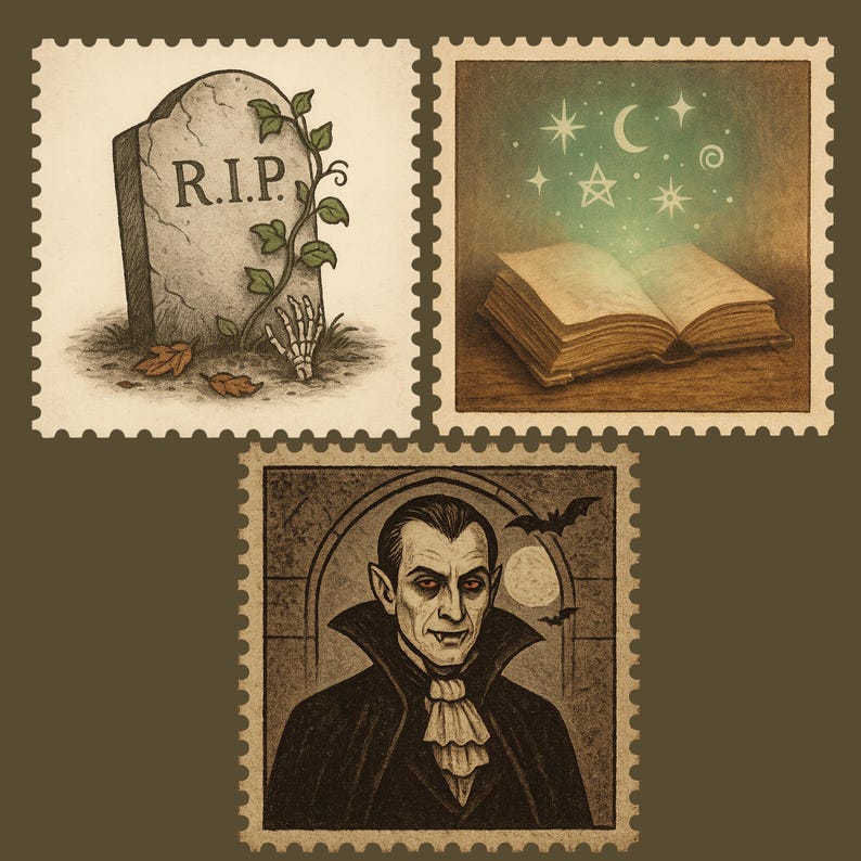 Retro Halloween Postage Stamp Clipart Bundle – 15 Vintage Designs Png ...
