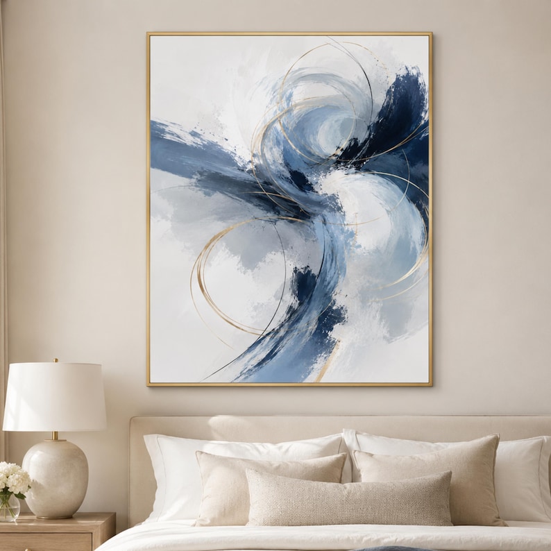 Blue Abstract Wall Art, Navy Gold Printable Art, Modern Minimalist ...