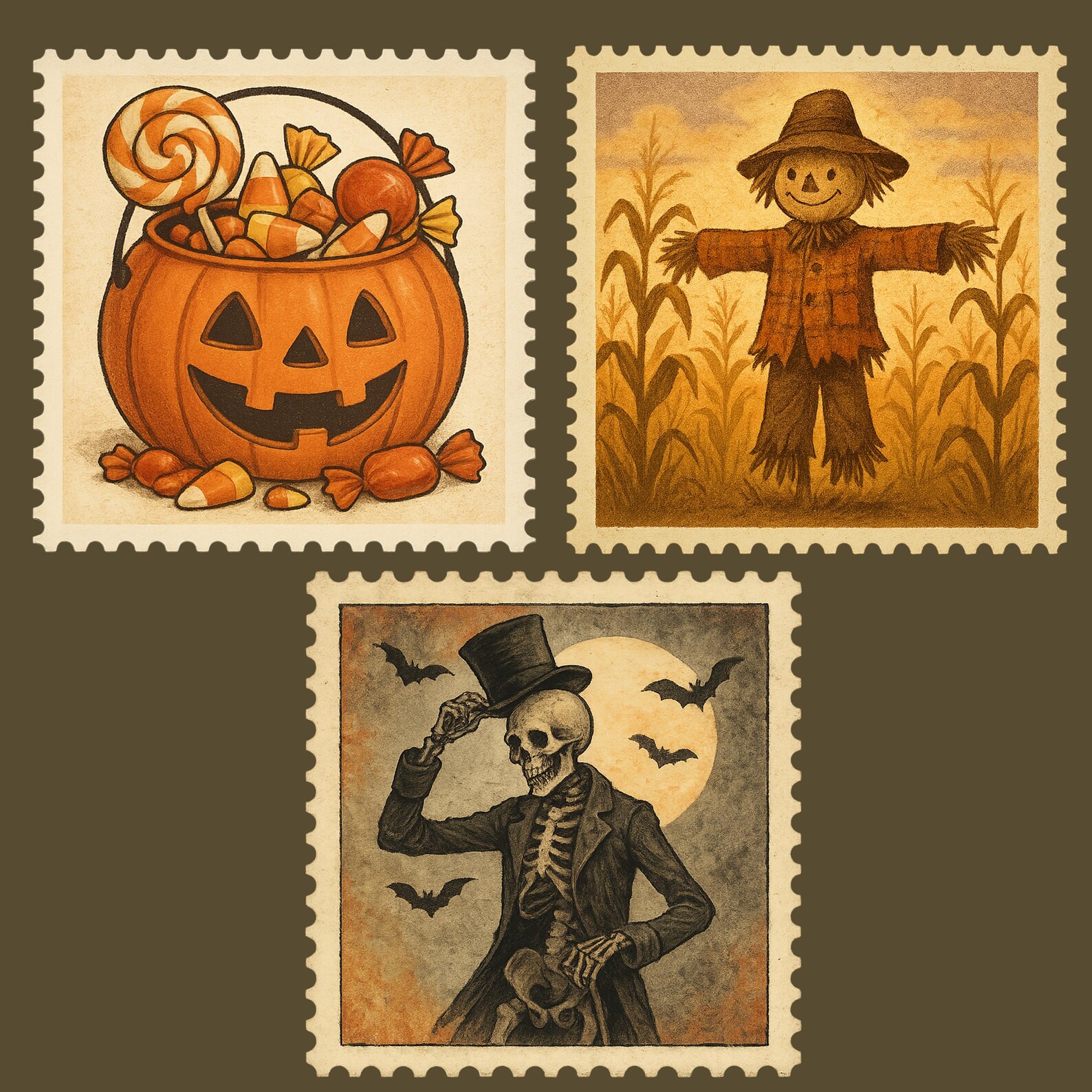 Retro Halloween Postage Stamp Clipart Bundle – 15 Vintage Designs Png ...