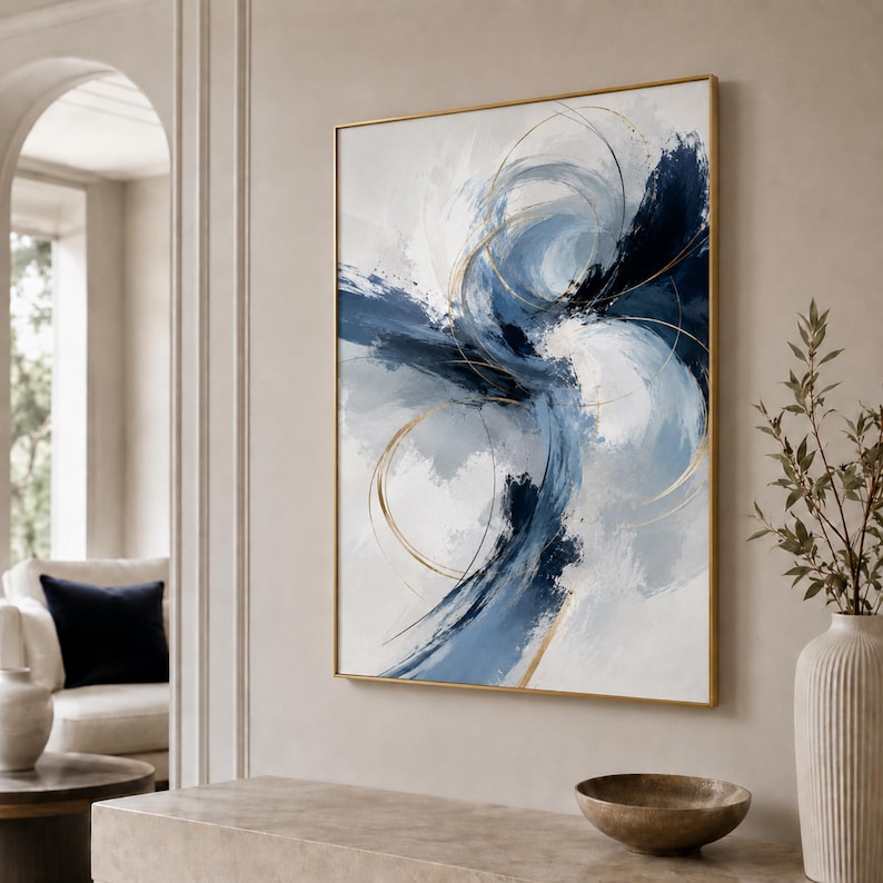 Blue Abstract Wall Art, Navy Gold Printable Art, Modern Minimalist ...