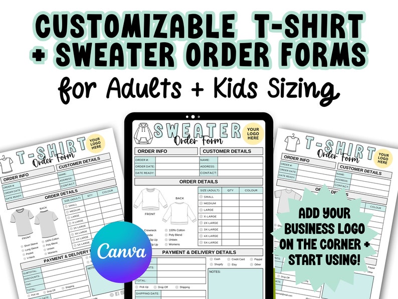 T-shirt Order Form Bundle, 16 Editable Small Business Order Form ...