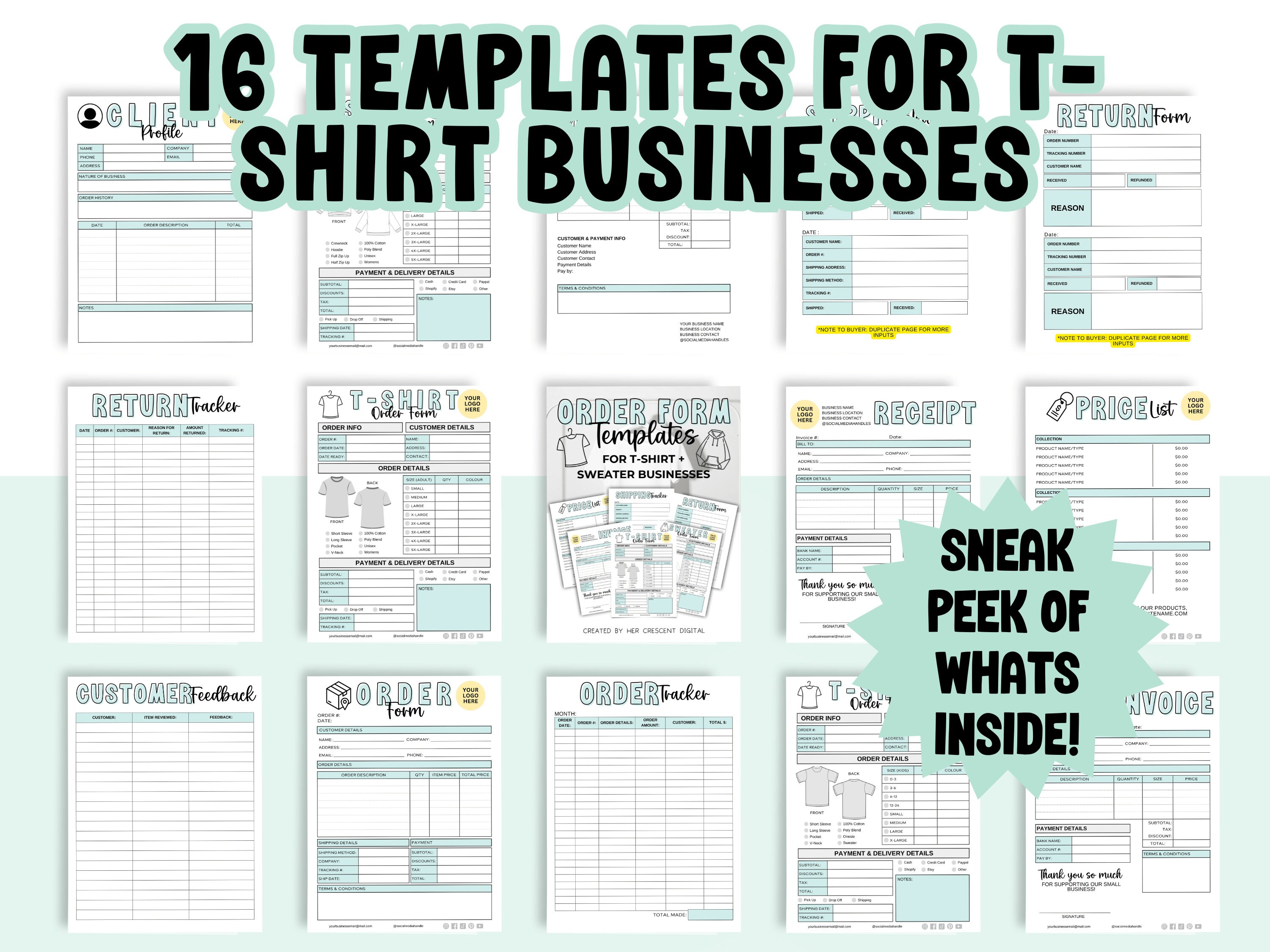T-shirt Order Form Bundle, 16 Editable Small Business Order Form ...