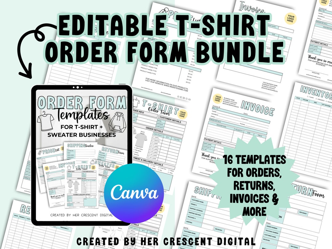 T-shirt Order Form Bundle, 16 Editable Small Business Order Form ...
