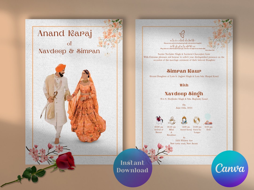 Sikh Wedding Invitation Card, Wedding Invitation, Anand Karaj Card ...