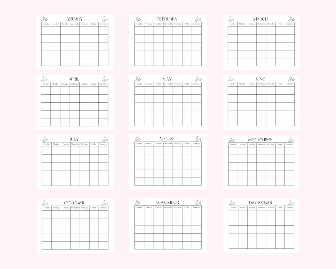 12 Month Blank Calendar Blank Calendar Printable Calendar - Etsy