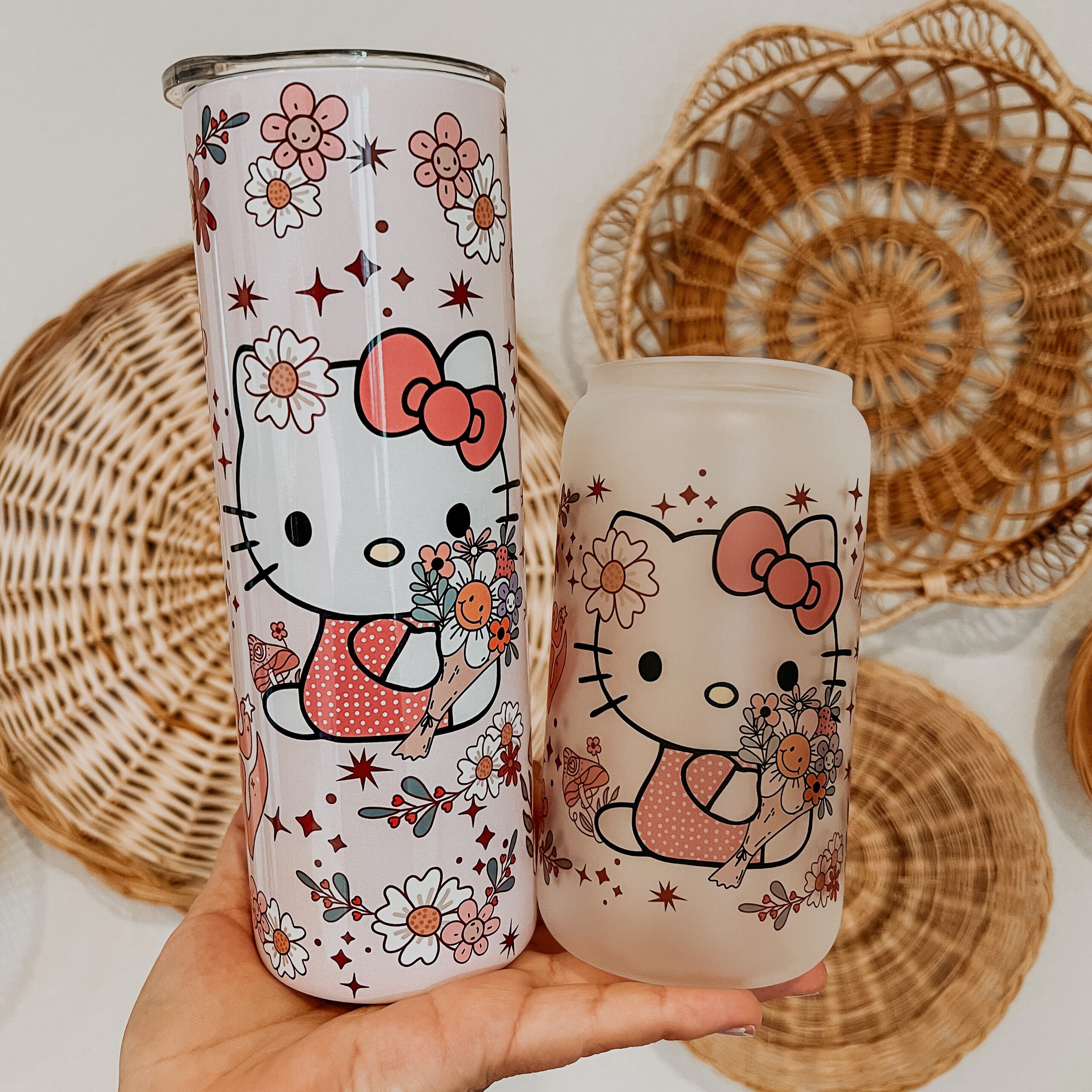Hello Kitty 20oz Tumbler and 16oz Glass Can Bamboo Lid & Straw, Boho ...