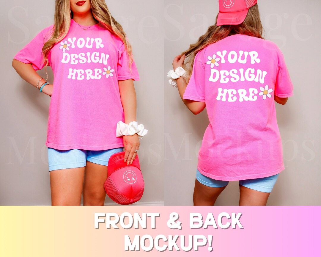 Front and Back of Comfort Colors NEON PINK Mockup | C1717 Shirt Mockup ...