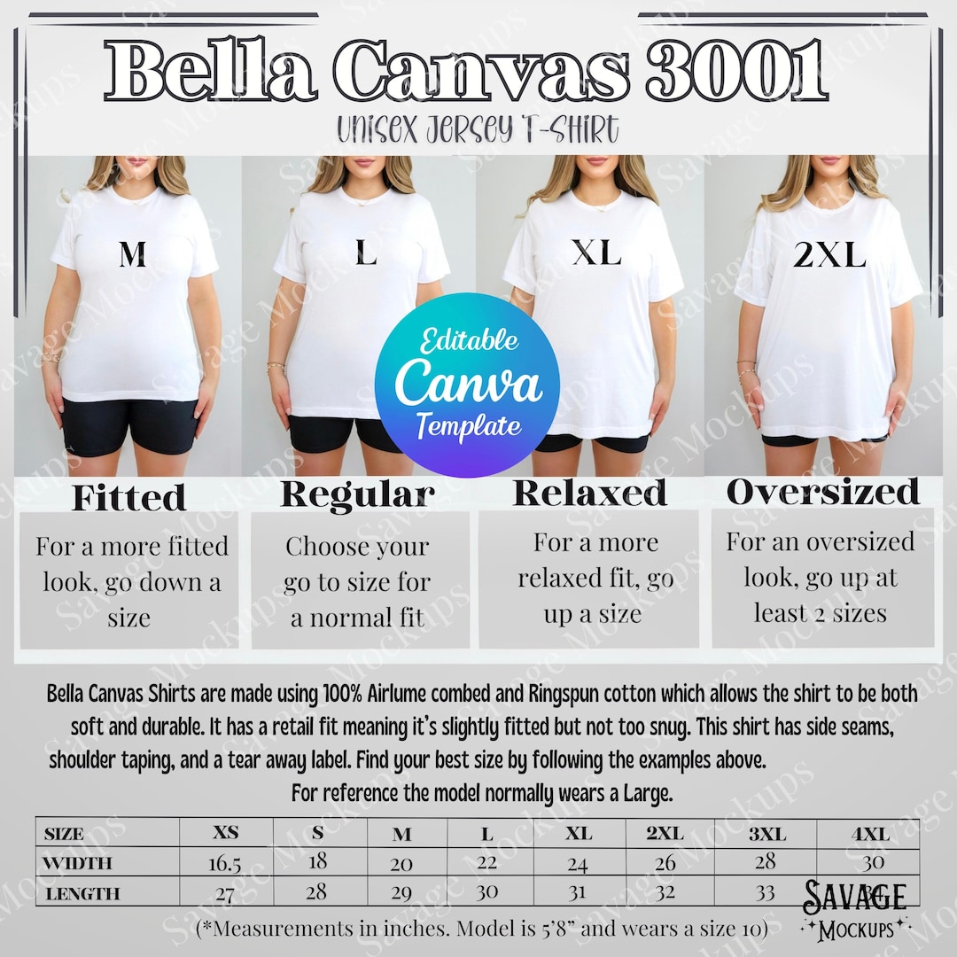 Bella Canvas 3001 Size Chart Bella Canvas Size Chart Size - Etsy