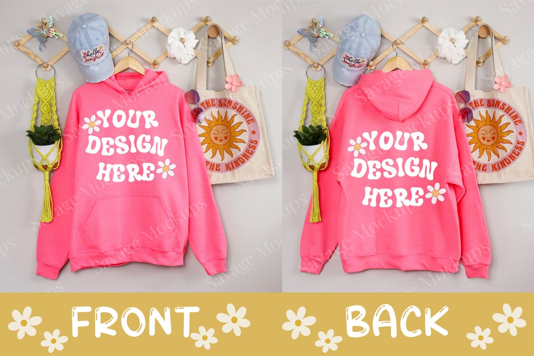 Front and Back Gildan 18500 Safety Pink Mockup | Trendy Pink Hoodie ...