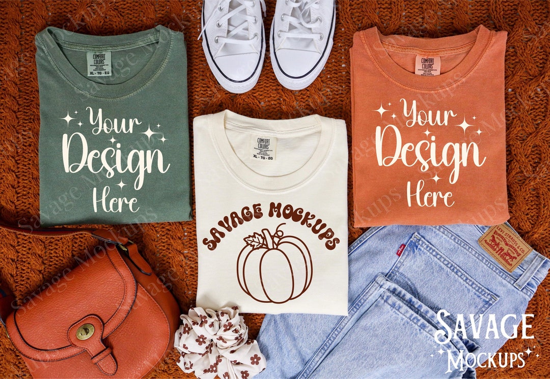 Fall Comfort Colors Mockup Trio | Folded Shirts in Moss, Ivory, and Yam ...