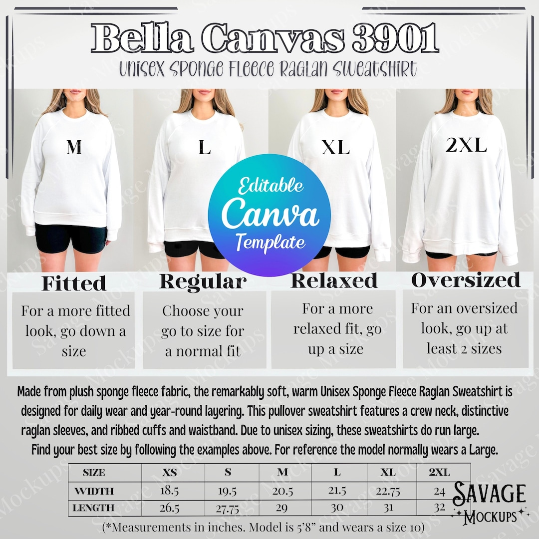 Bella Canvas 3901 Size Chart | Bella Canvas Sweatshirt Mockup | Size ...