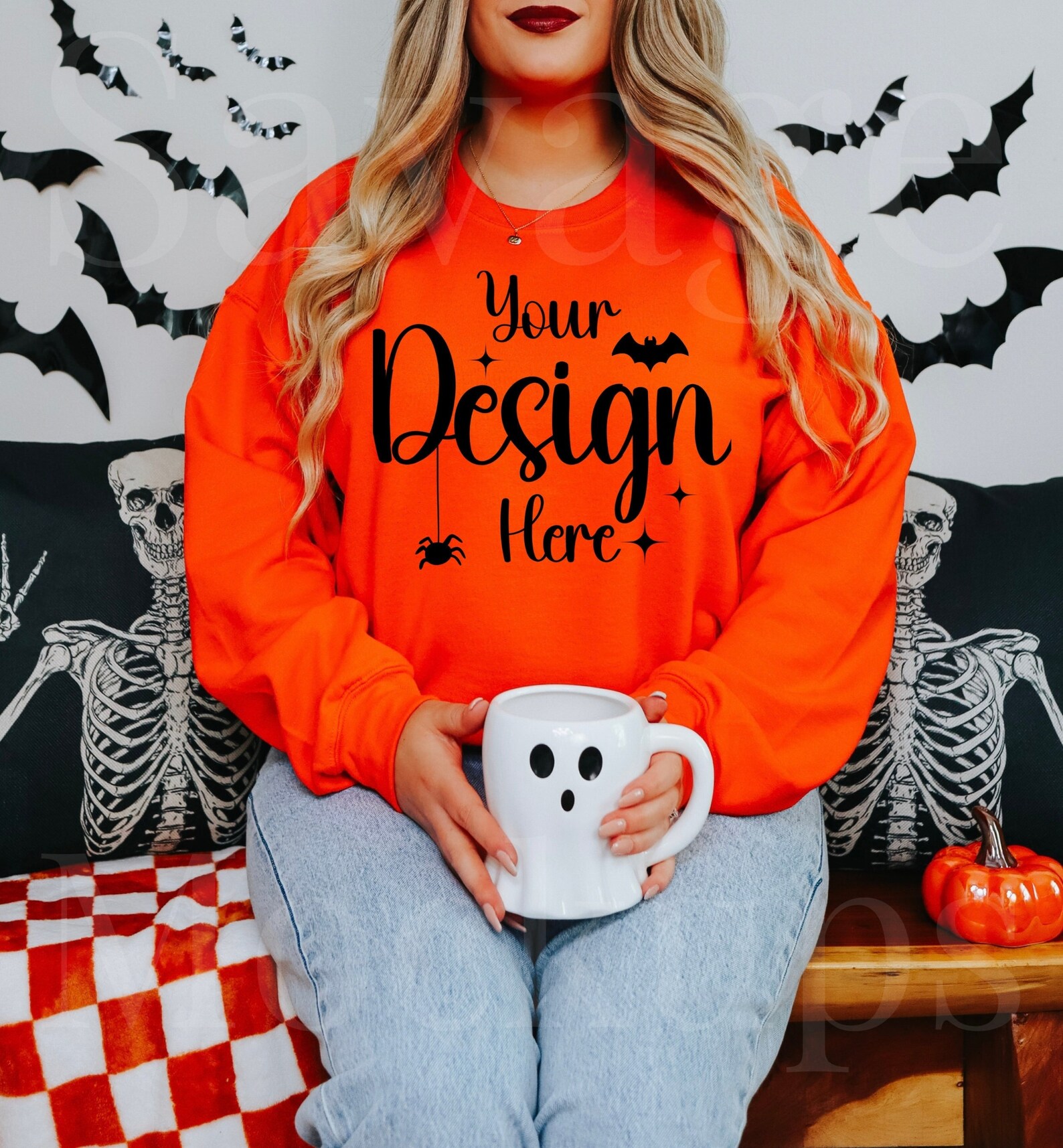 Orange Gildan 18000 Halloween Mockup | Halloween Sweatshirt Mockup ...