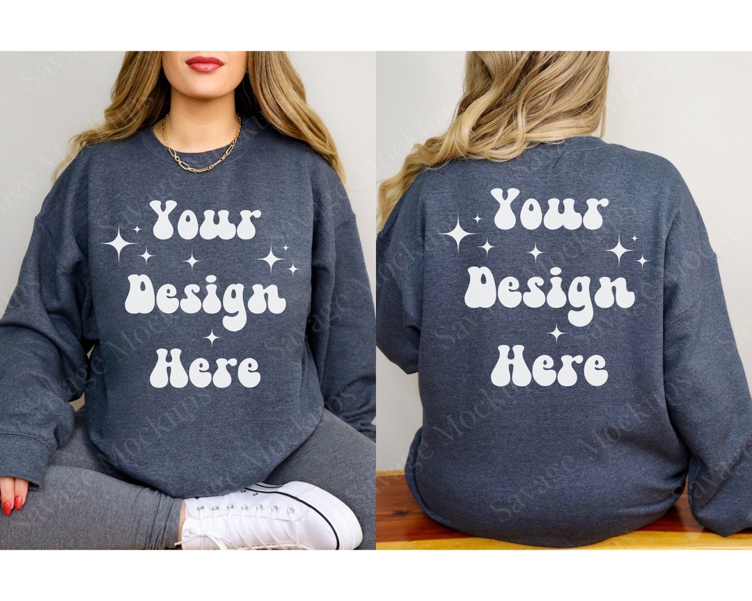 Front and Back of Dark Heather Gildan 18000 Mockup | Sweatshirt Mockup ...