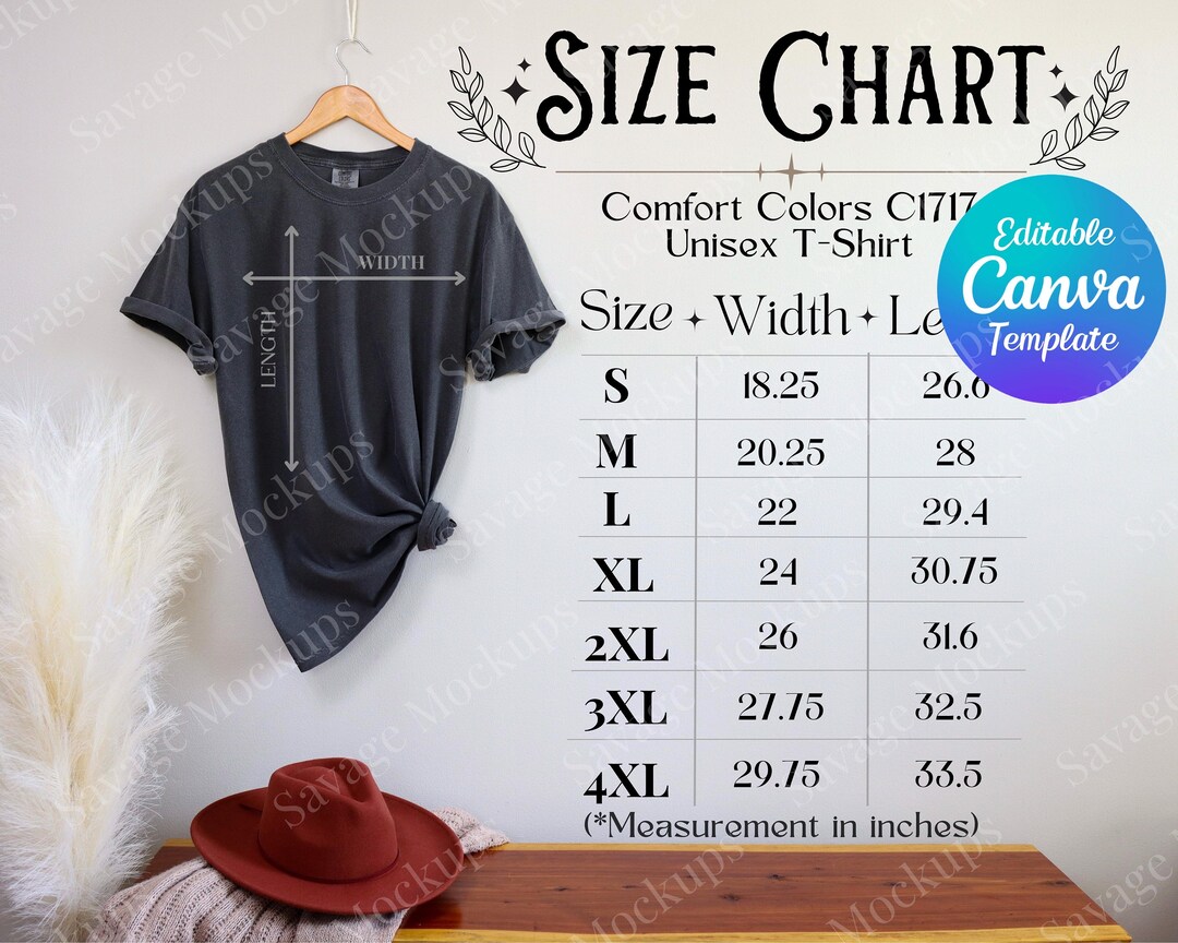 Comfort Colors Size Chart | Comfort Colors Mockup | C1717 Size Chart ...