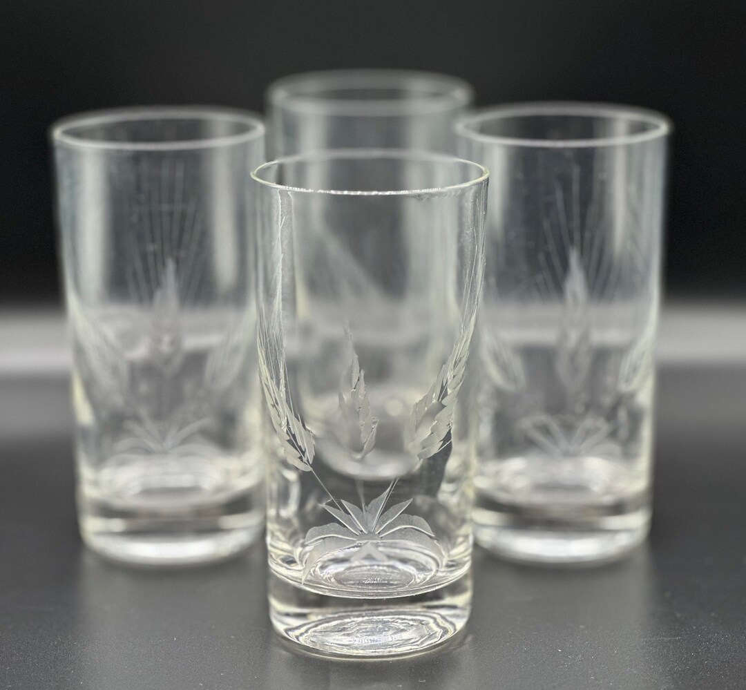 Set of 4 Vintage Etched Wheat Pattern Glasses Glassware Drinkware ...