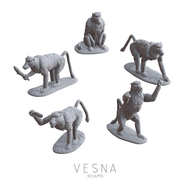 5pc Chacma Baboons Dnd Dungeons and Dragons 28mm/32mm Animal Miniatures ...