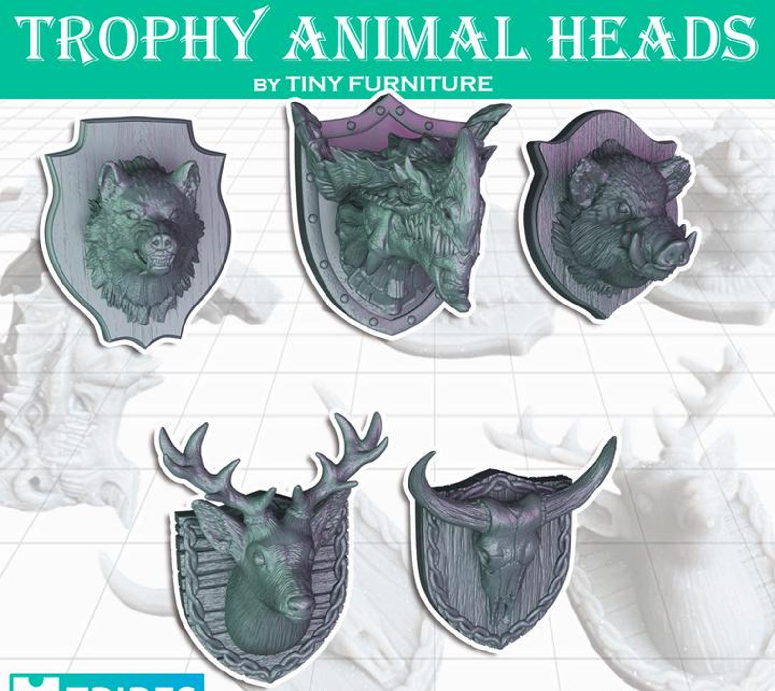 5pc Trophy Head Miniatures Dnd Tavern Scenery Dungeons and Dragons 28mm ...
