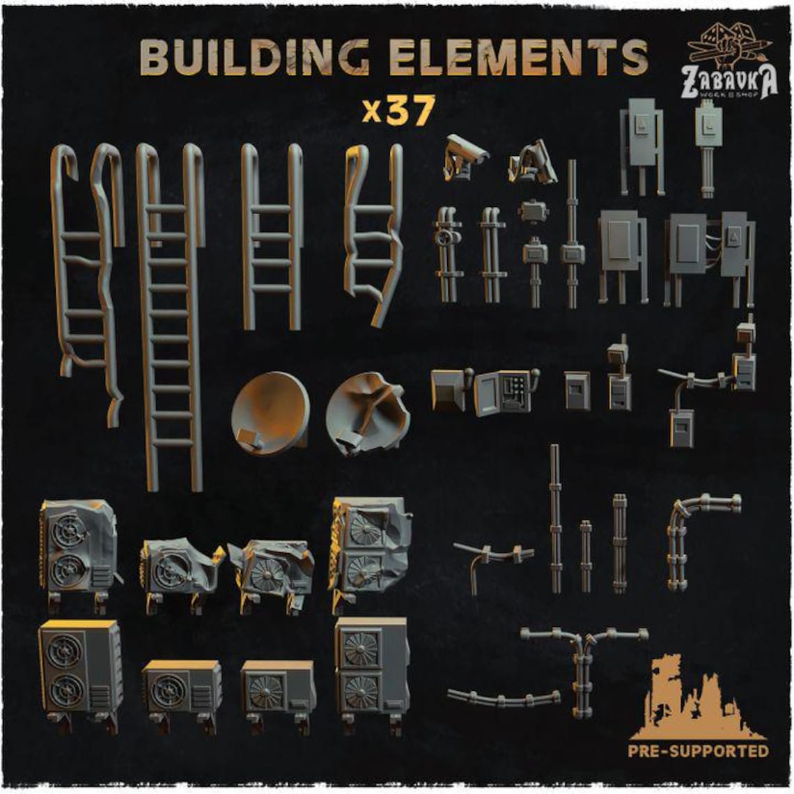 37pc Building Elements (basing Bits 2.0) 28mm/32mm Industrial Wargaming ...
