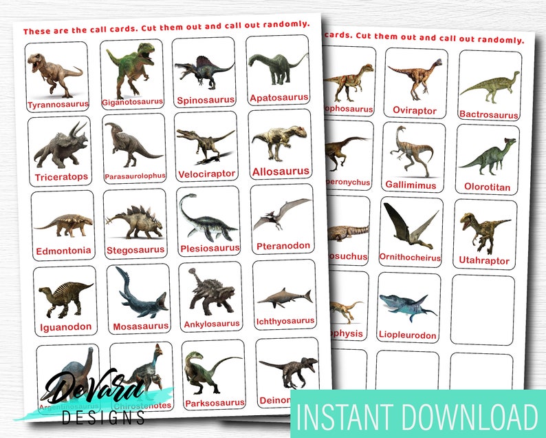 Dinosaur Bingo Game Set of 15 Cards Call Cards Jurassic Dino Birthday ...