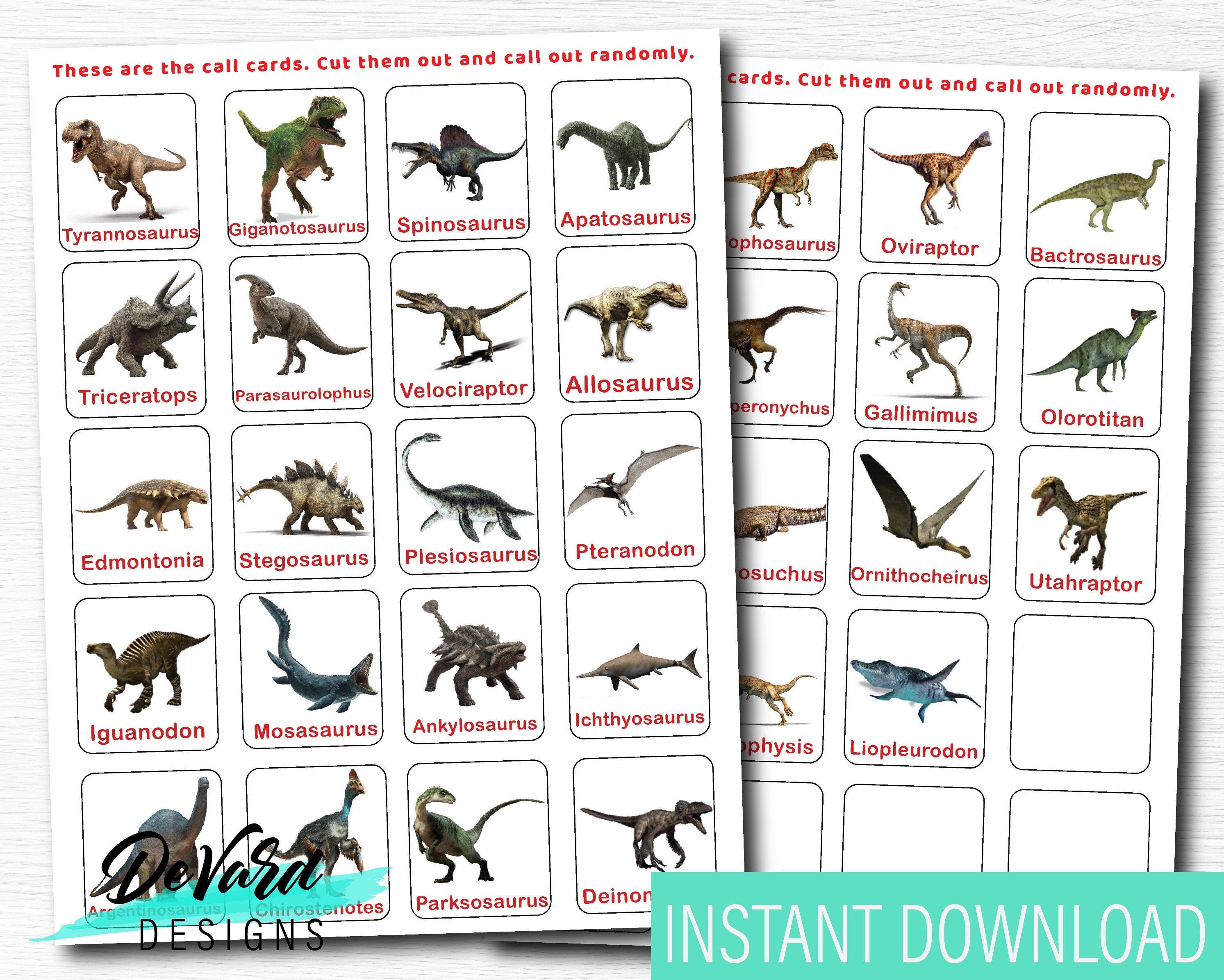 Dinosaur Bingo Game Set of 15 Cards Call Cards Jurassic Dino Birthday ...